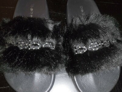 Bebe black and bling fur slides (8) | eBay