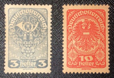 Two 1919 Austria Heller (3 & 10 Heller) Stamps - New - Great Condition ...