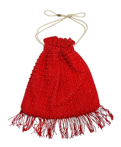 Vintage 60’s 70’s BEADED DRAWSTRING EVENING BAG Handbag Purse Red ...
