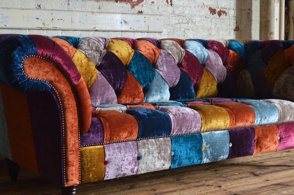 Unique Handmade 3 Seater Bright Multi Coloured Velvet Fabric ...