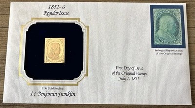 22kt Gold Benjamin Franklin 1¢ replica stamp; 1st Day of Issue, July 1 ...