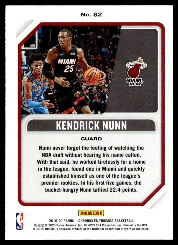 2019-20 Panini Chronicles Kendrick Nunn Rookie Miami Heat #82 | eBay