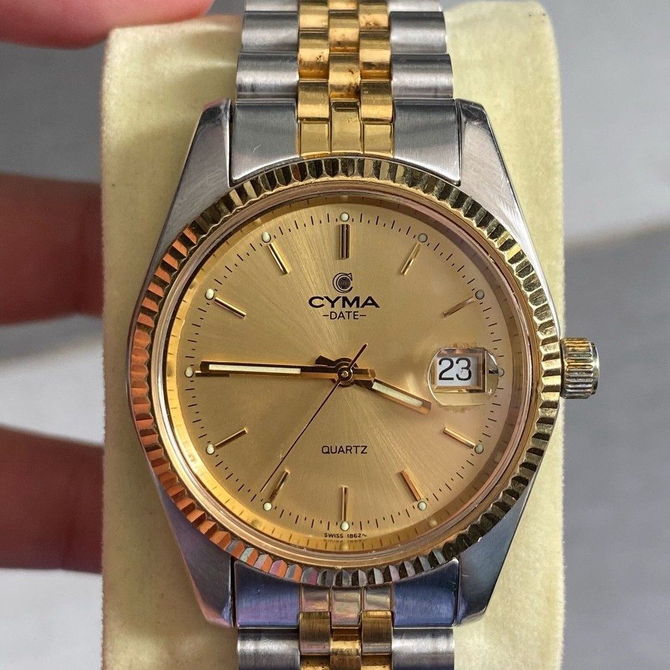 RARE Cyma President Date Quartz Gold Dial Two Tone Swiss Made Vintage ...