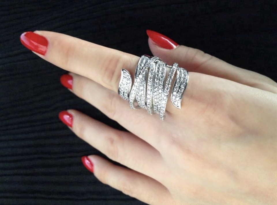 18k White Gold Plated Big Bold Long Ring made w Swarovski Crystal Index ...