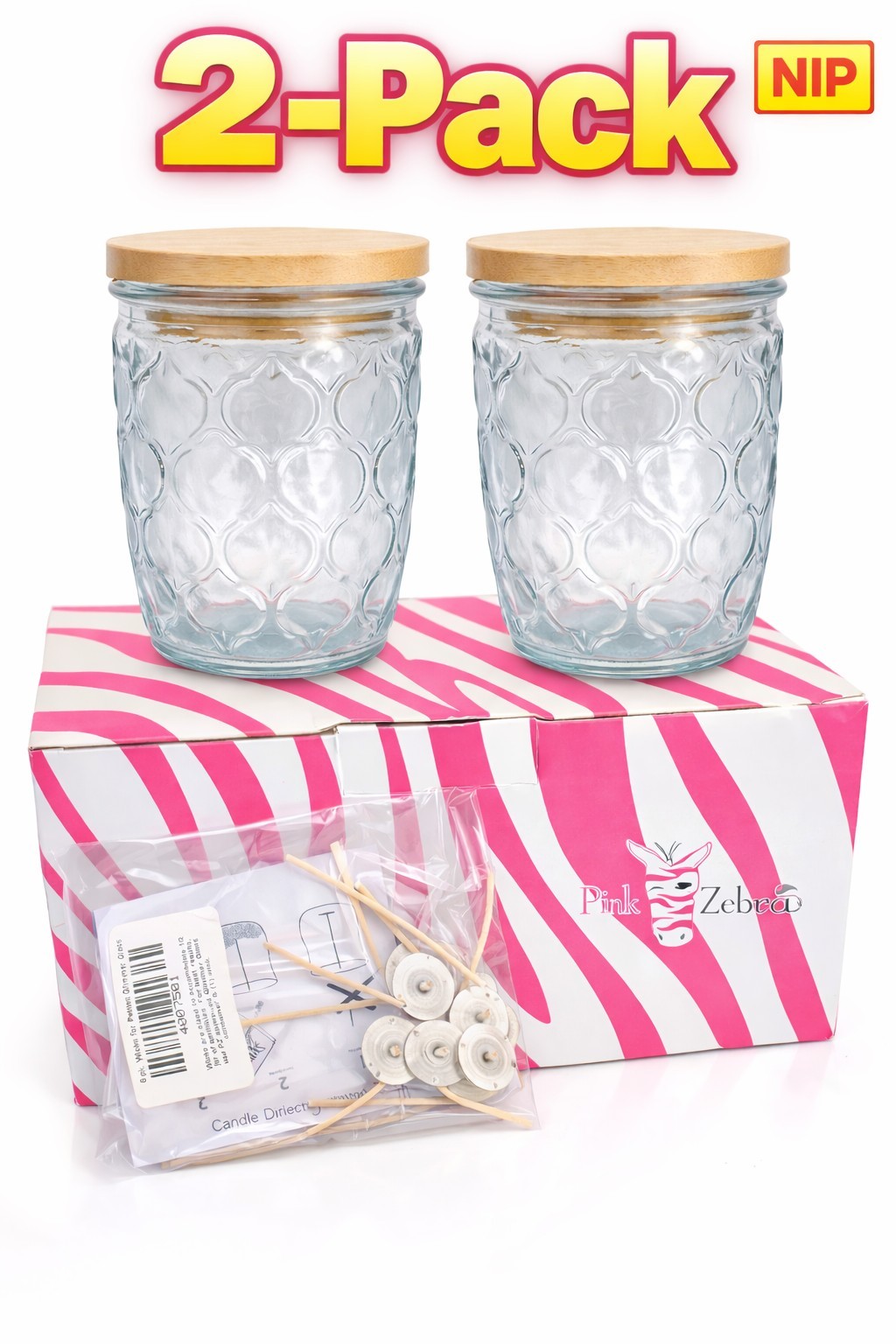 Pink Zebra 2 Pack Embossed Glass Candle Jars w/ Bamboo Lids + Wick Kit ...
