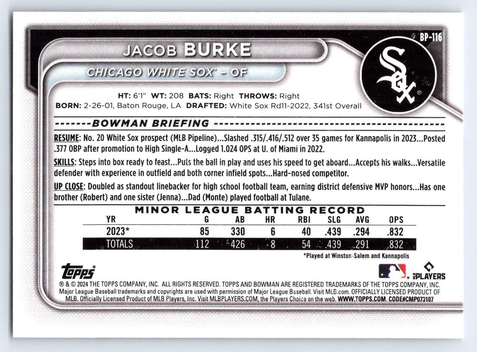 2024 1st Bowman Paper Prospect #BP-116 Jacob Burke Chicago White Sox | eBay