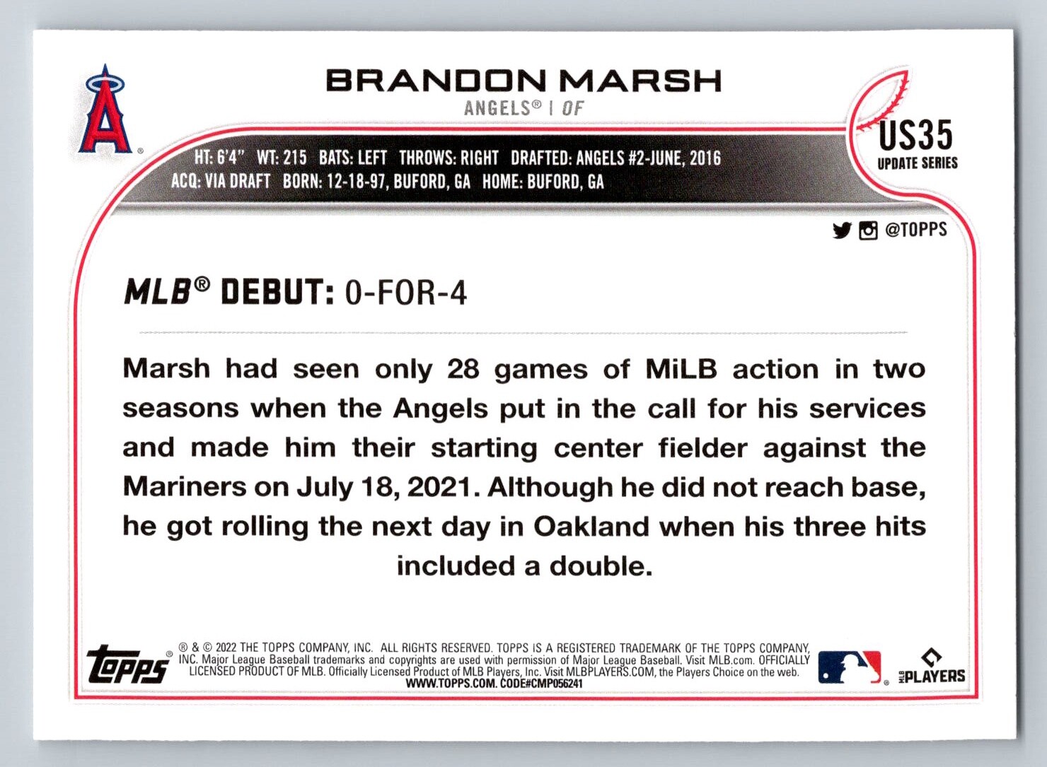 Brandon Marsh RC 2022 Topps Update #US35 Rookie Debut Los Angeles ...