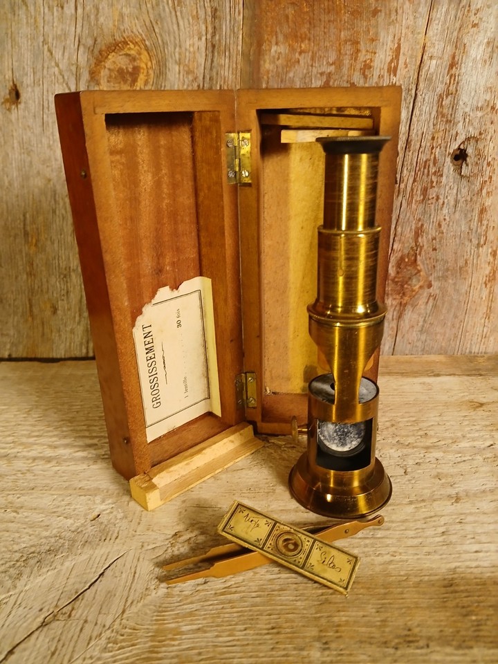 Antique 1930's French Brass Field Microscope with Original Wooden Box ...