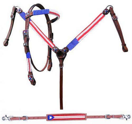 Western Horse Bling ! Beaded Leather American Flag Bridle Breast Collar ...