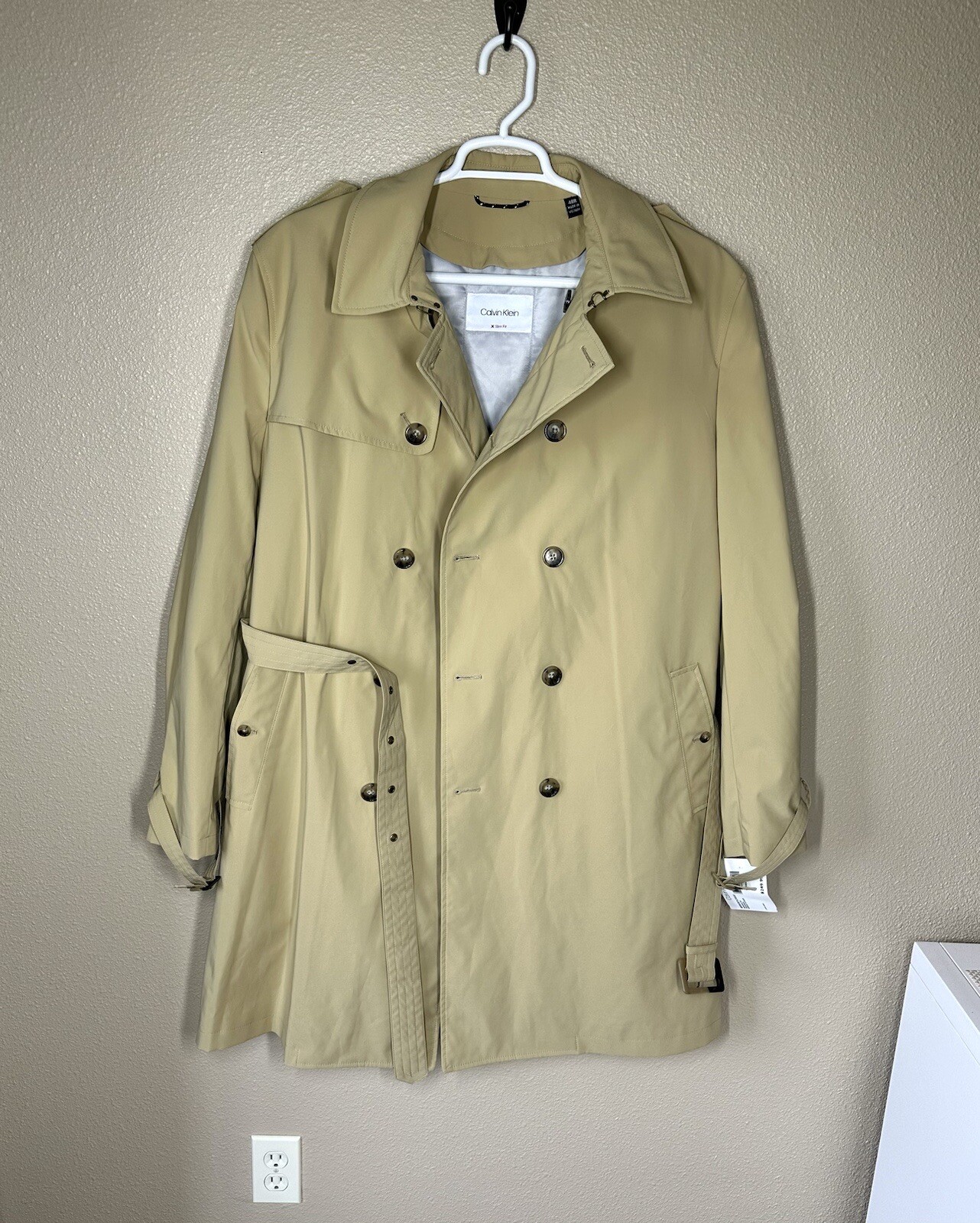Calvin Klein CK Men’s Slim Fit Beige Double Breasted Raincoat Coat ...