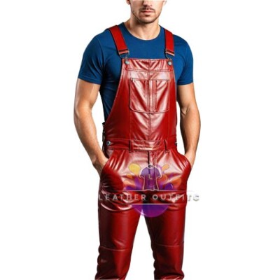 Mens Genuine Soft Leather Red Bib Overall Dungaree Jumpsuit Suit ...