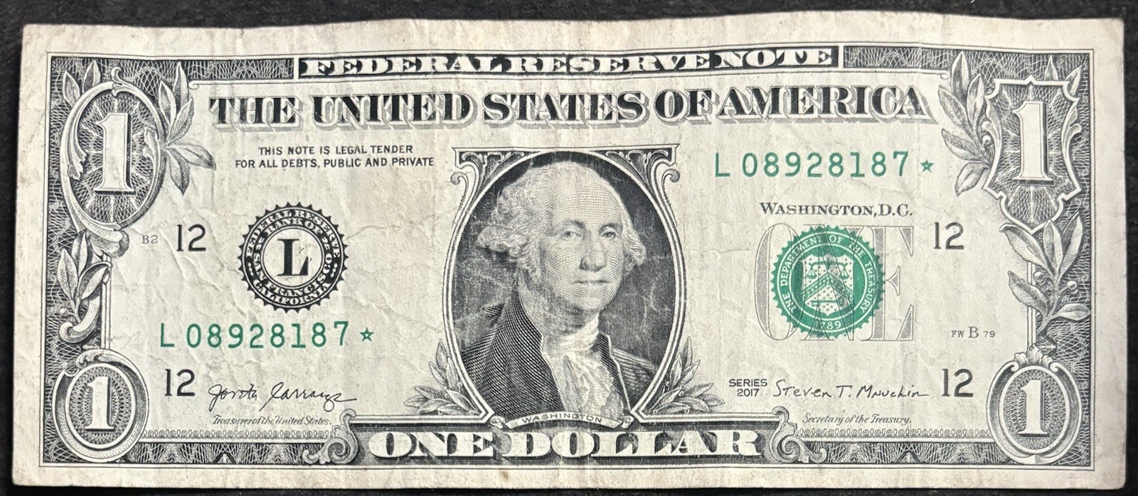 2017 San Francisco $1 Bill Star Note ⭐️ Fancy Ladder 7,8,9,0,1,2 Note ...