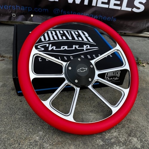 14" Sharp Billet 4 Spoke Steering Wheel w/ Red Vinyl Wrap and Licensed ...