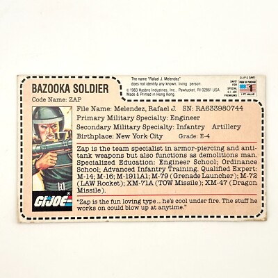 1983 GI Joe ZAP RED BACK MAIL AWAY FILE CARD. VERY GOOD CONDITION! | eBay
