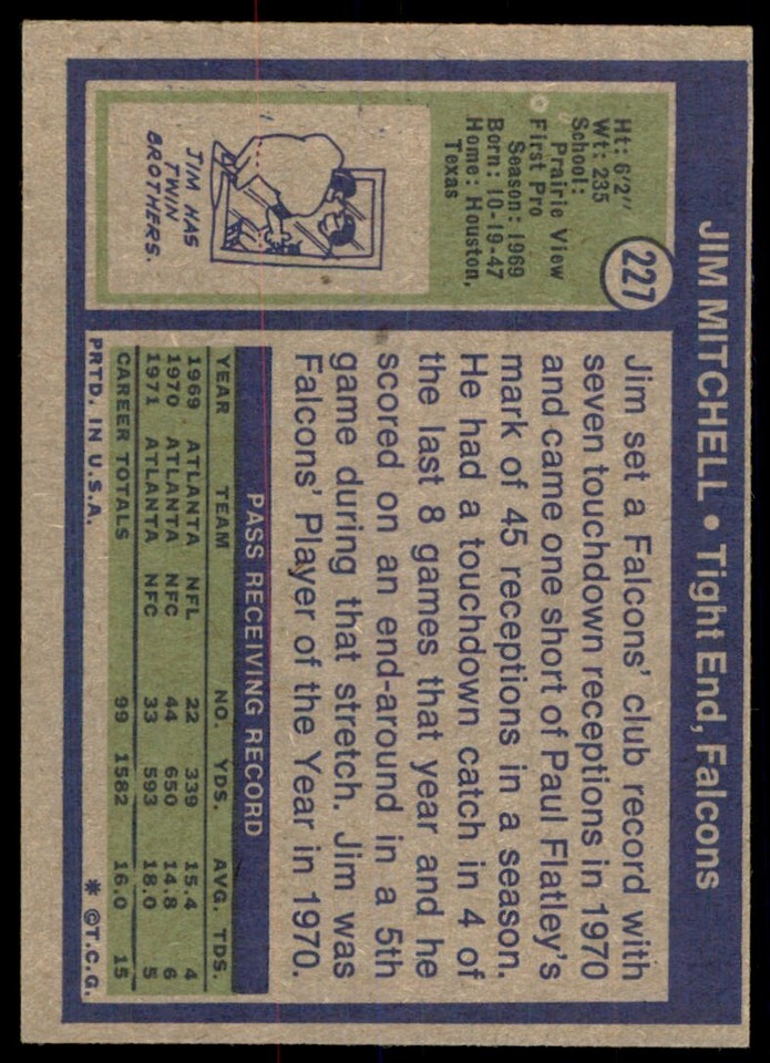 1972 TOPPS JIM MITCHELL ATLANTA FALCONS #227 | eBay