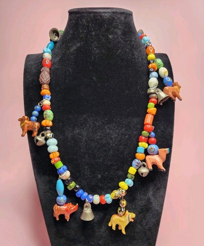 AFRICAN GLASS PAINTED CARVED ANIMAL DANGLE BELLS MULTICOLOR STATEMENT ...