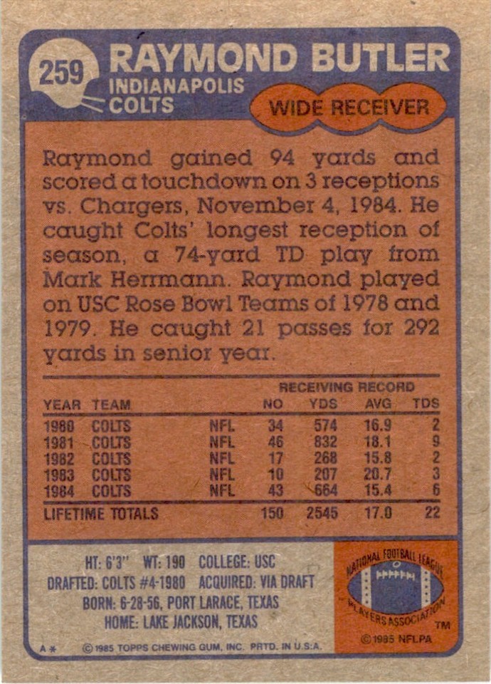 1985 TOPPS; RAYMOND BUTLER INDIANAPOLIS COLTS #259 | eBay