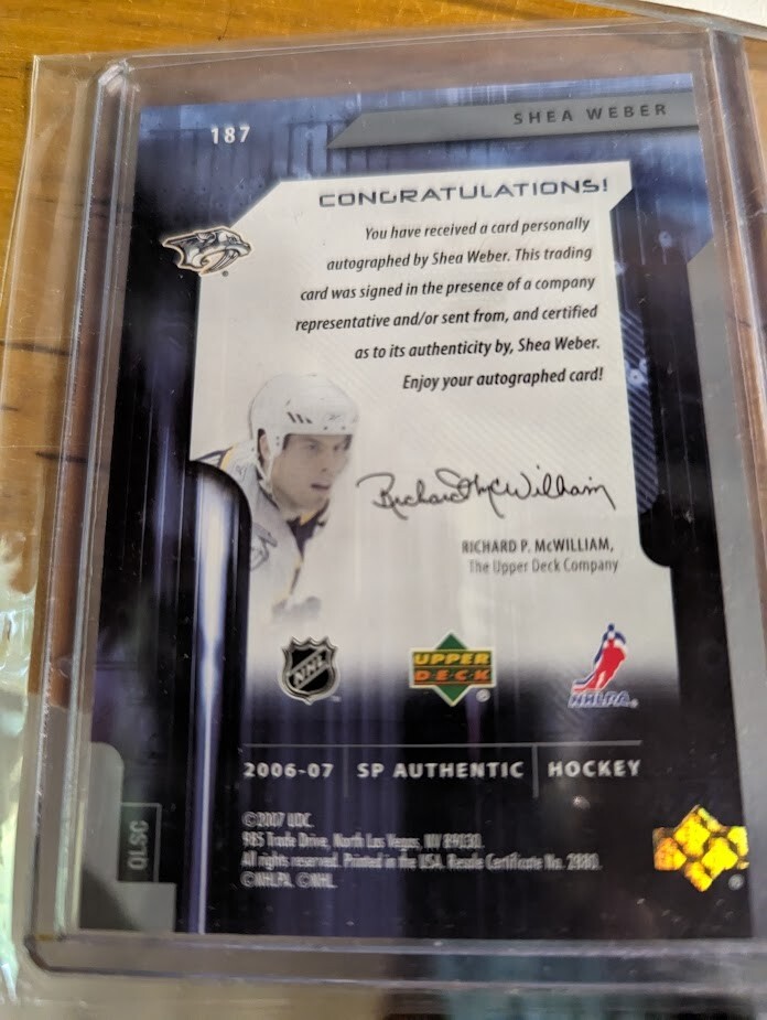 Shea Weber Future Watch SP Authentic 2006/2007 #187 Rookie Autographed ...