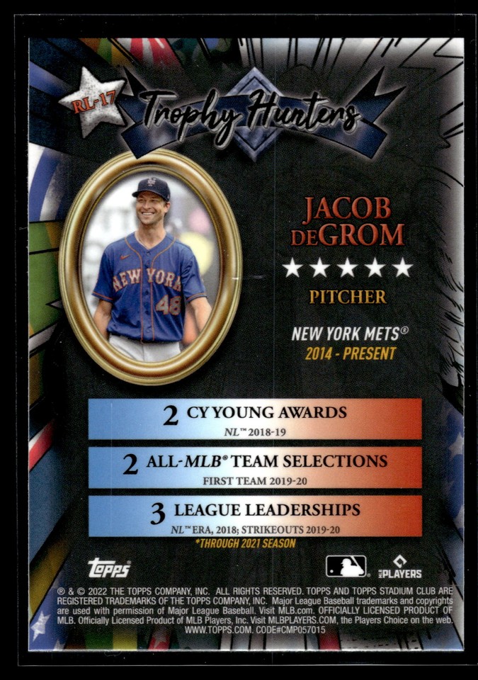 Jacob deGrom 2022 Stadium Club Chrome Trophy Hunters Card #RL-17 | eBay