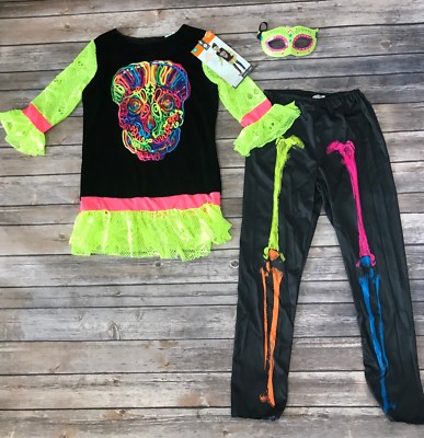 Kids Girls Youth Neon Skeleton Halloween Costume Size M Medium 7-8 L ...