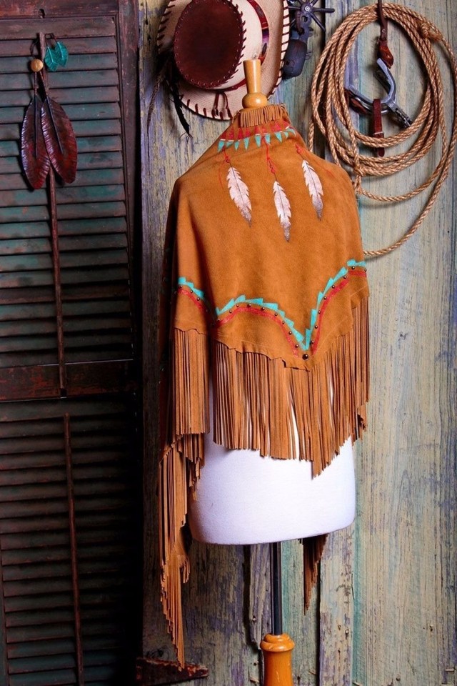 Western Style FEATHER SHIELD LEATHER SHAWL Boar Skin Suede w Fringes 72 ...