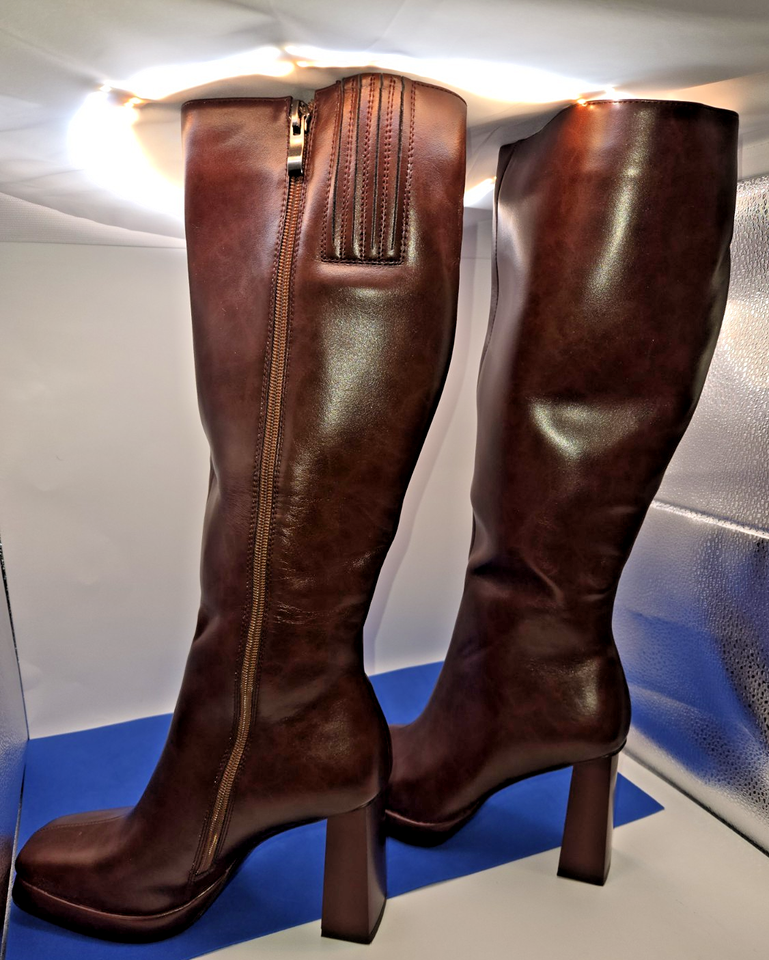 Women Square Toe Low Chunky Block Heel Side Zipper Knee High Boots Size ...