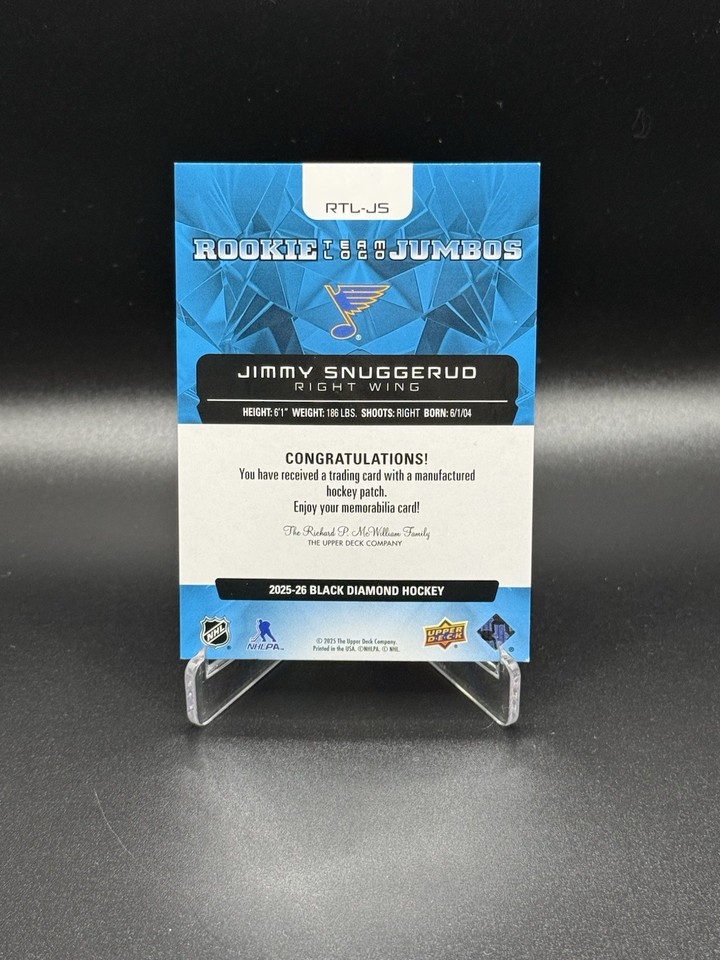 2025-26 Black Diamond Rookie Team Logo Jumbo #RTL-JS Jimmy Snuggerud ...