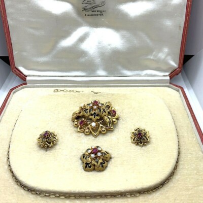 Victorian 18k yellow gold parure ruby opal enamel brooch earrings ...