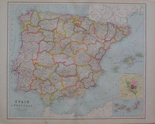 1933 MAP SPAIN & PORTUGAL MURCIA ALBACETE VALENCIA ALICANTE BALEARIC ...