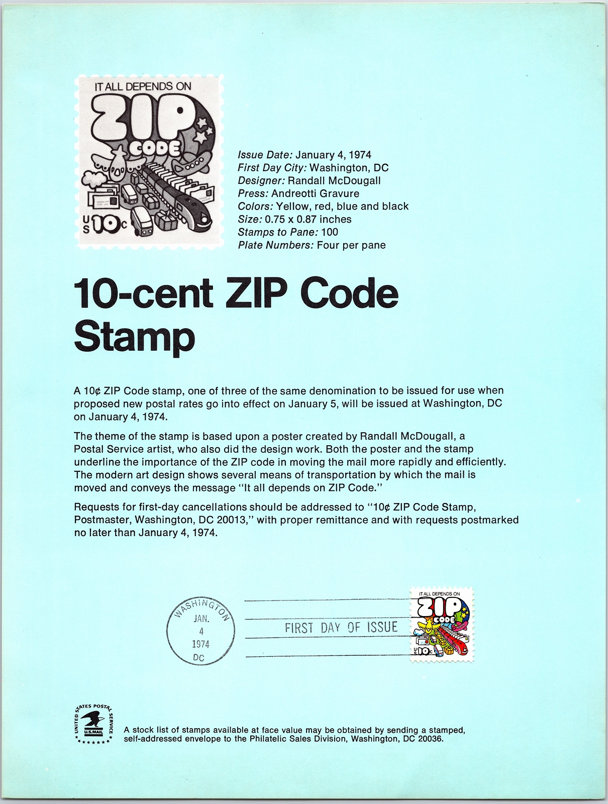 USPS SOUVENIR PAGE 10-CENT ZIP CODE STAMP 1974 | eBay