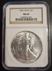 1986 American Silver Eagle $1 Dollar Coin One Troy Ounce 0.999 Fine NGC ...