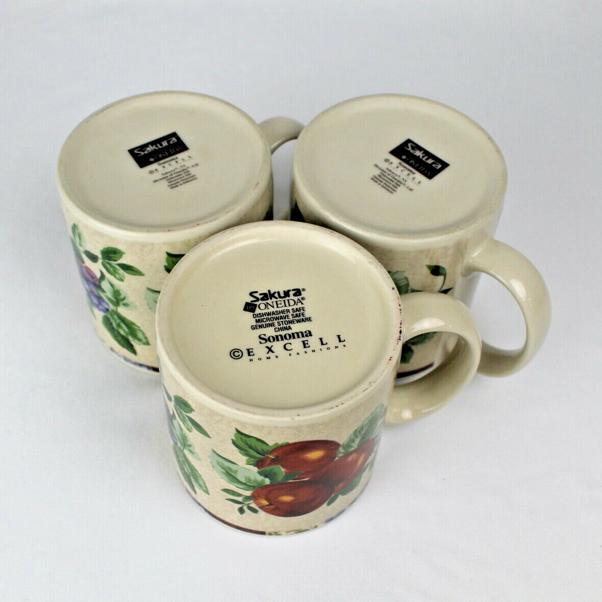 3 Oneida Sakura Sonoma Excell Stoneware Mugs Cups - Fruit Decals Right ...