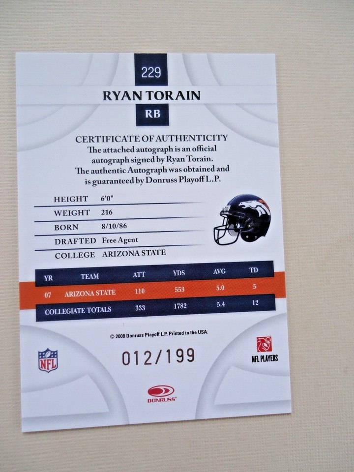 Ryan Torain - 2008 Donruss RC Autographed Football card #229 - Broncos ...