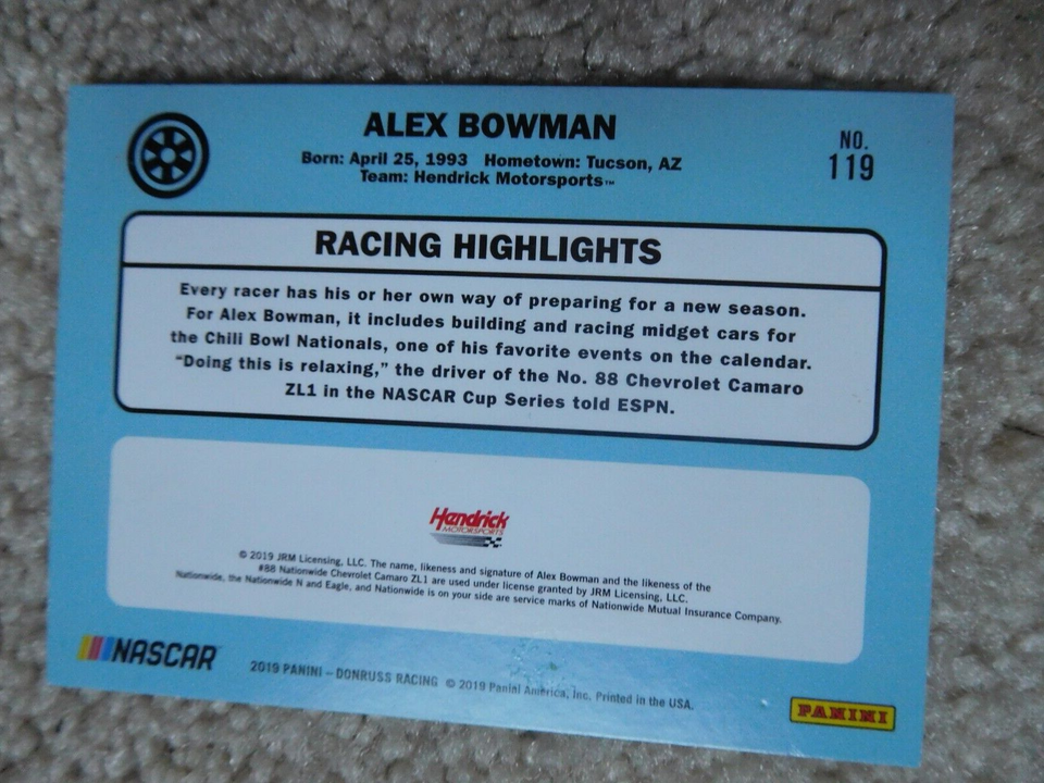 Alex Bowman Signed Autographed 2019 Donruss Racing NASCAR Retro Card ...