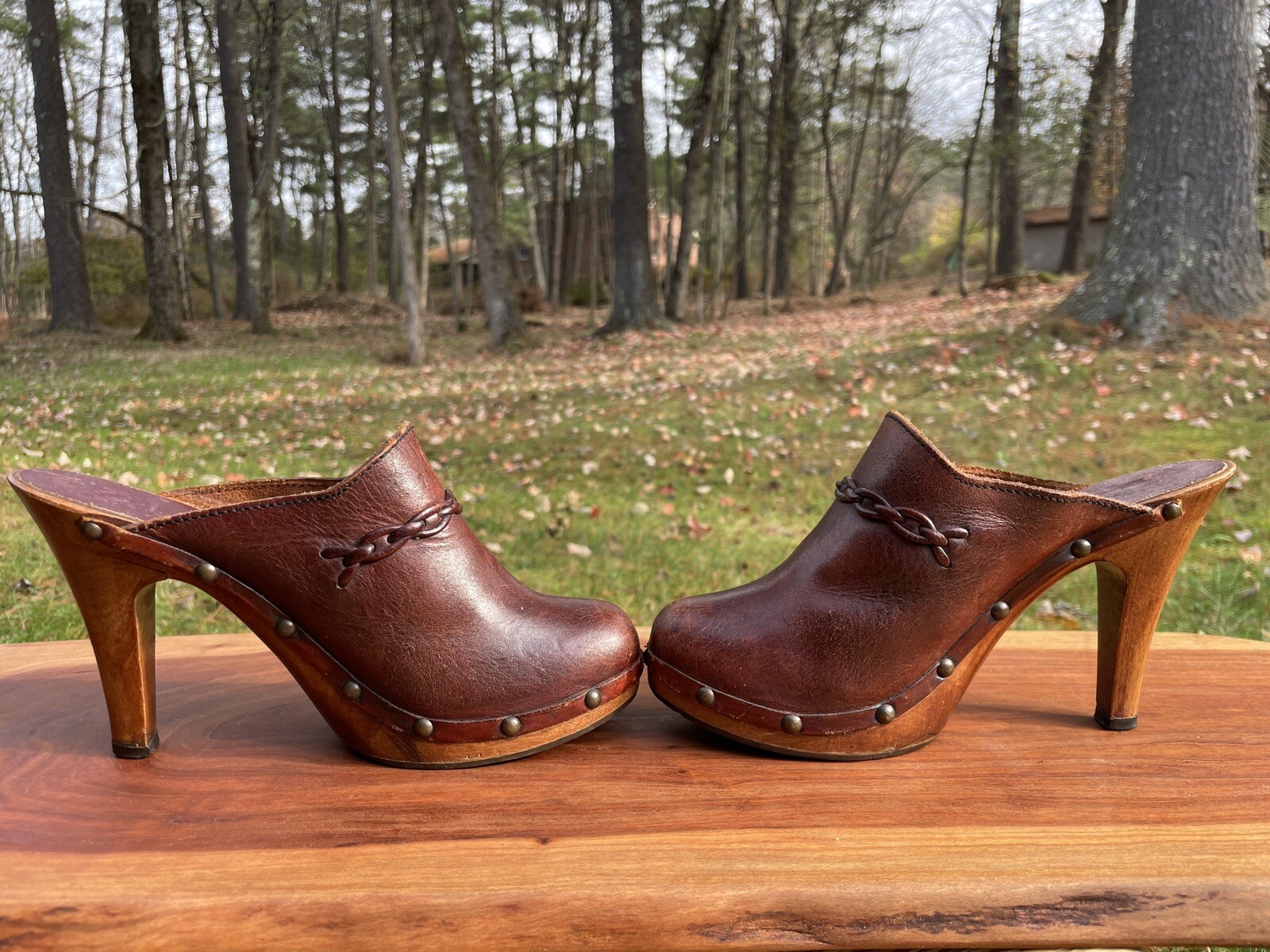70’s/80’s Vintage Leather Wooden Clog mules with leat… - Gem