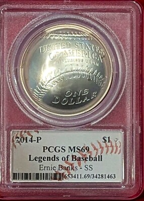 2014-P LEGENDS OF BASEBALL ONE DOLLAR COIN SIGNED BY ERNIE BANKS GRADED ...