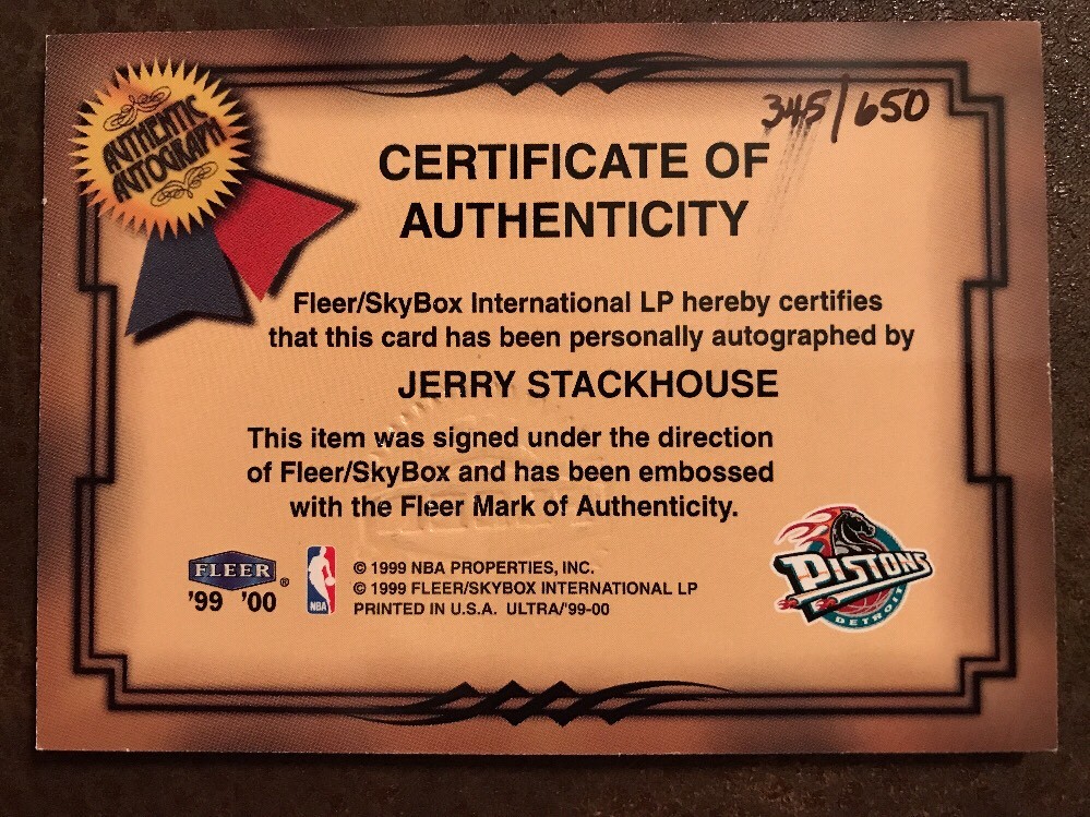JERRY STACKHOUSE 1999-00 FLEER ULTRA FRESH INK AUTOGRAPH AUTO 345/650 ...
