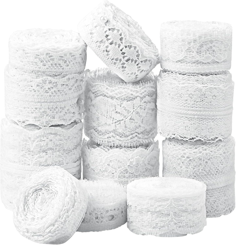 60 Yards, 12 Rolls of White Lace Ribbon with Assorted Crochet & Sewing ...