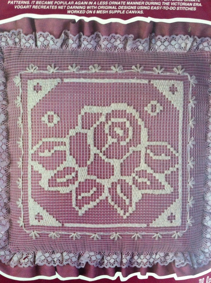 Victorian Rose Lace Net Darning 14in Ruffle Pillow Kit Sealed Vogart ...