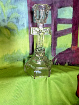 VTG CRYSTAL GLASS STANDING CRUCIFIX CROSS CANDLESTICK 9-1/2" TALL INRI ...