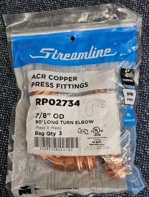 New Qty 3 Mueller STREAMLINE RP02734 ACR Copper Press Fittings 7/8" OD ...