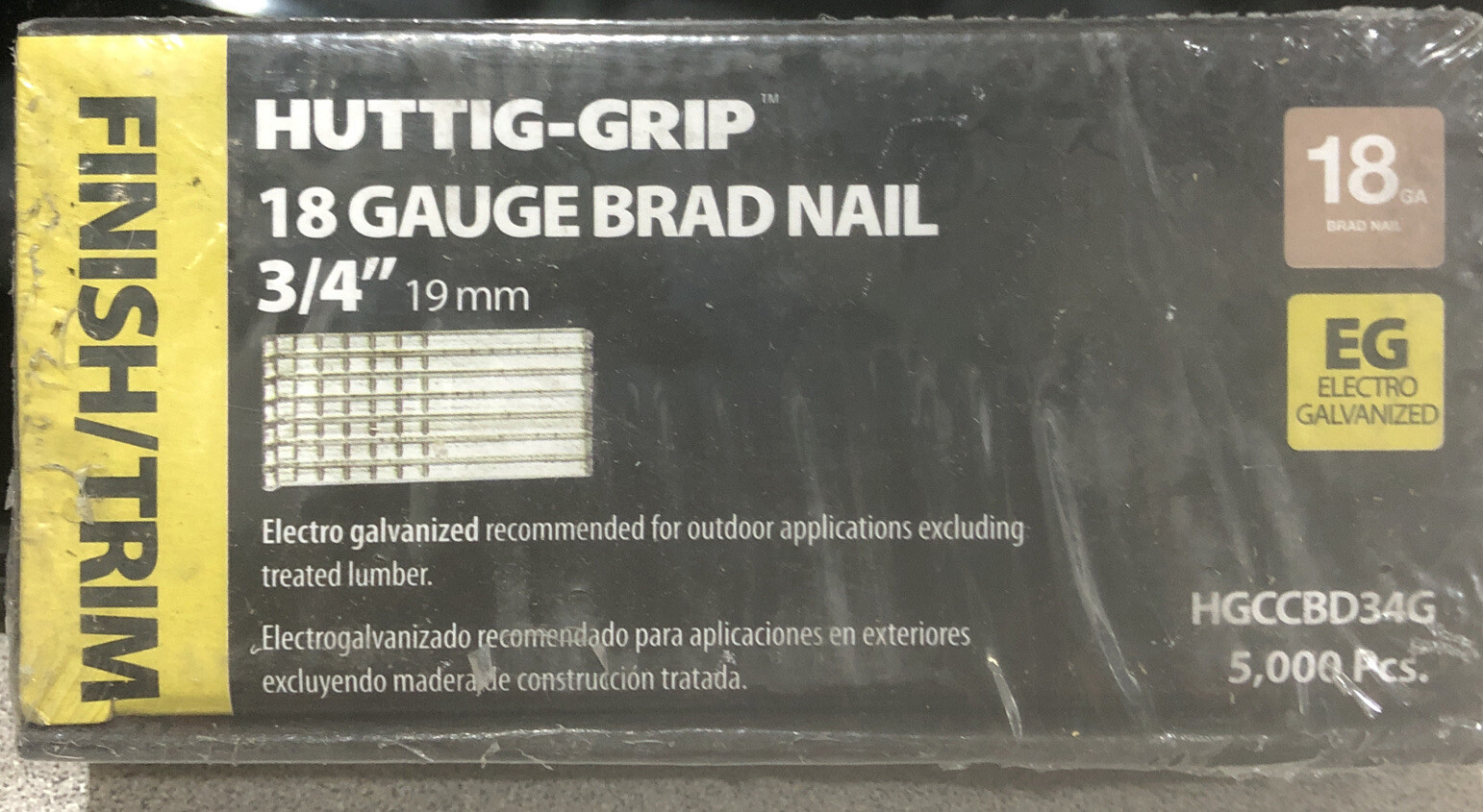 HUTTIG-GRIP 18 Ga Brad Finish Nail 3/4” 19mm Long Electro-Galv 5000 Box ...