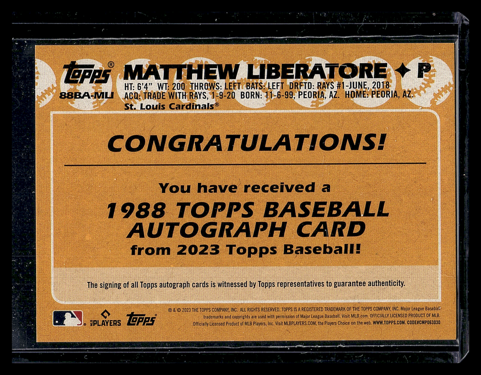 2023 TOPPS UPDATE '88 TOPPS BASEBALL AUTOGRAPHS #88BAMLI MATTHEW ...