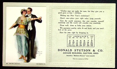 Lester Ralph Sample Calendar January 1916 Donald Stutson Arcade Bldg ...