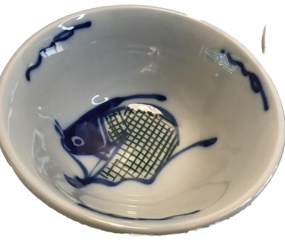Fish/Rice Bowls Japan 4 Ct Blue And White Hand Painted Vintage 4 ...