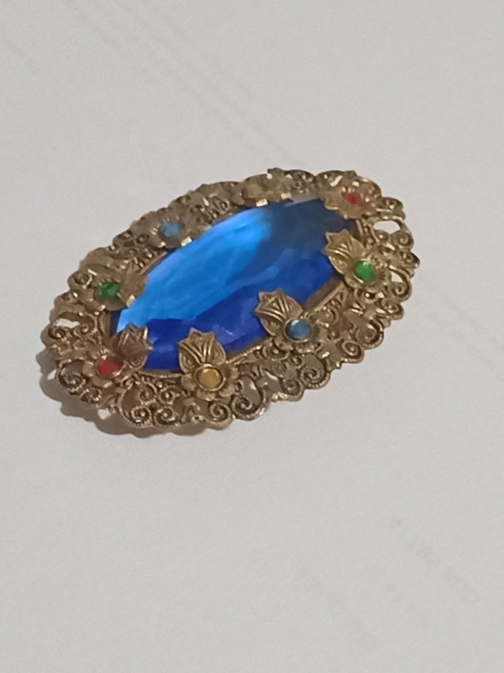 Two oval shape filigree framed broches Moonstone & Blue Glass | eBay ...