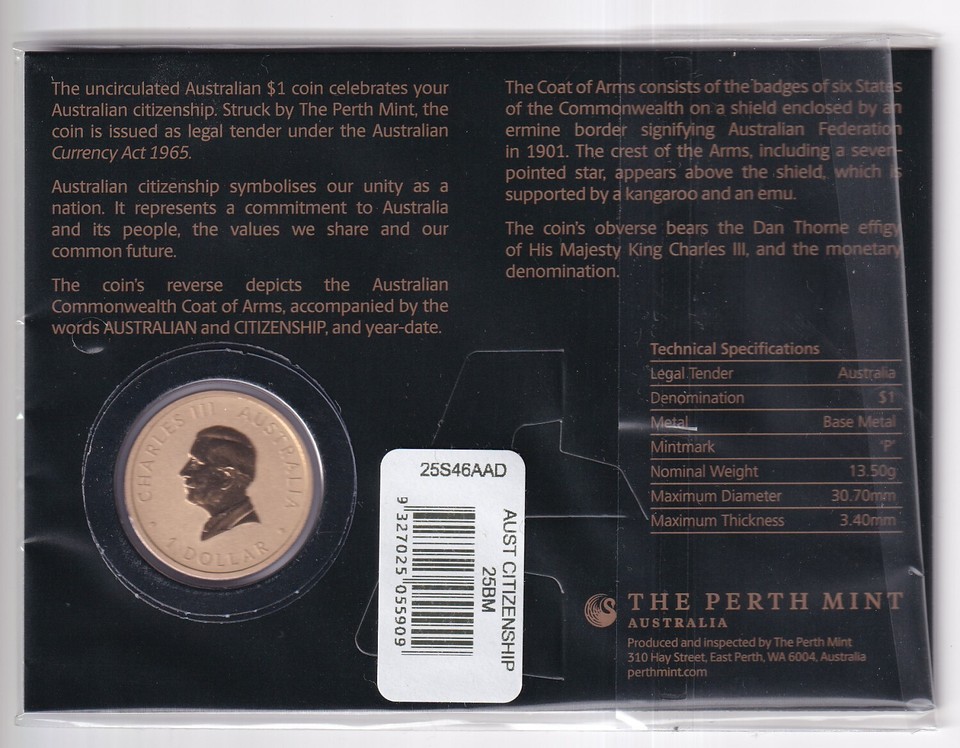 AUSTRALIAN: 2025 $1 AUSTRALIAN CITIZENSHIP P MINTMARK COIN ON CARD # ...