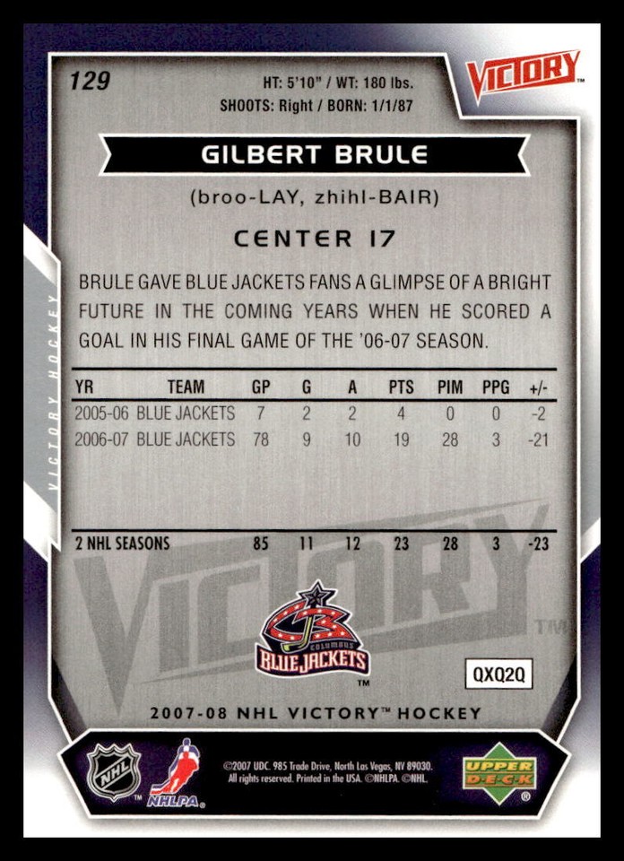 2007 Upper Deck Victory #129 Gilbert Brule Columbus Blue Jackets | eBay