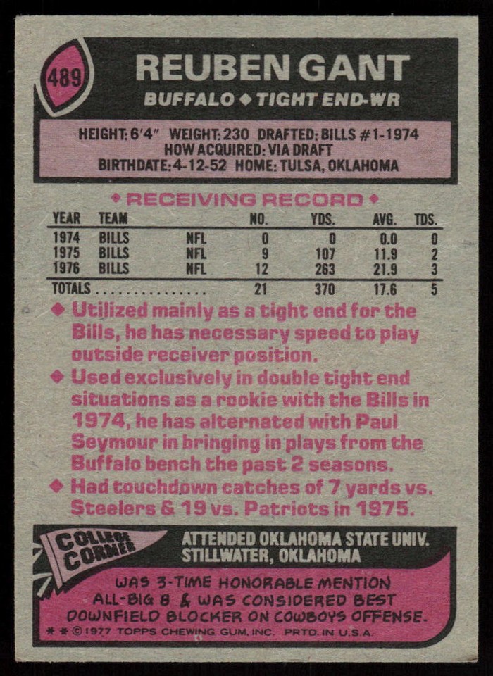 1977 Topps Reuben Gant #489 FOOTBALL Rookie Buffalo Bills RC | eBay