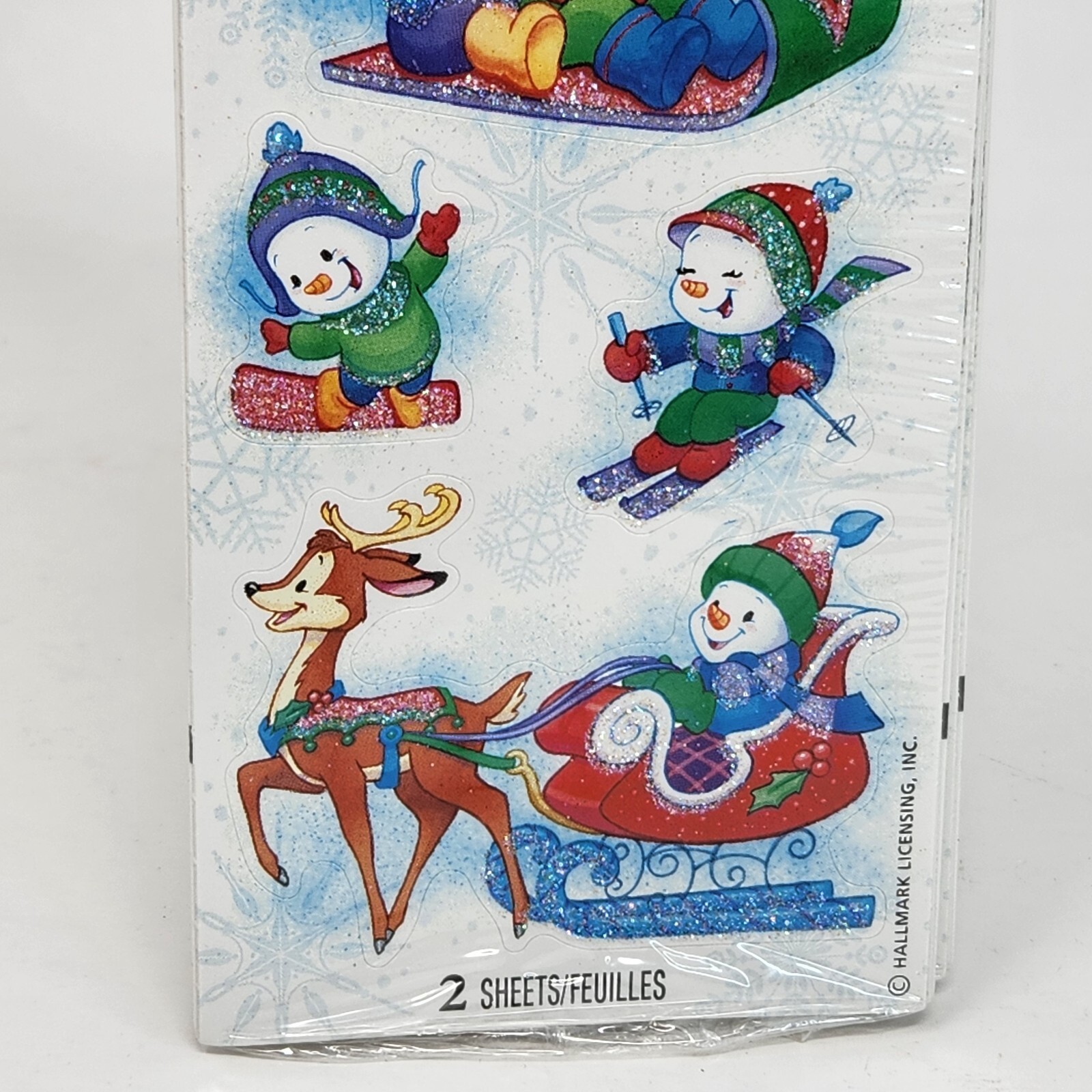 2 PACKAGES HALLMARK CHRISTMAS SNOWMAN SLEDDING STICKERS W/ GLITTER NOS ...